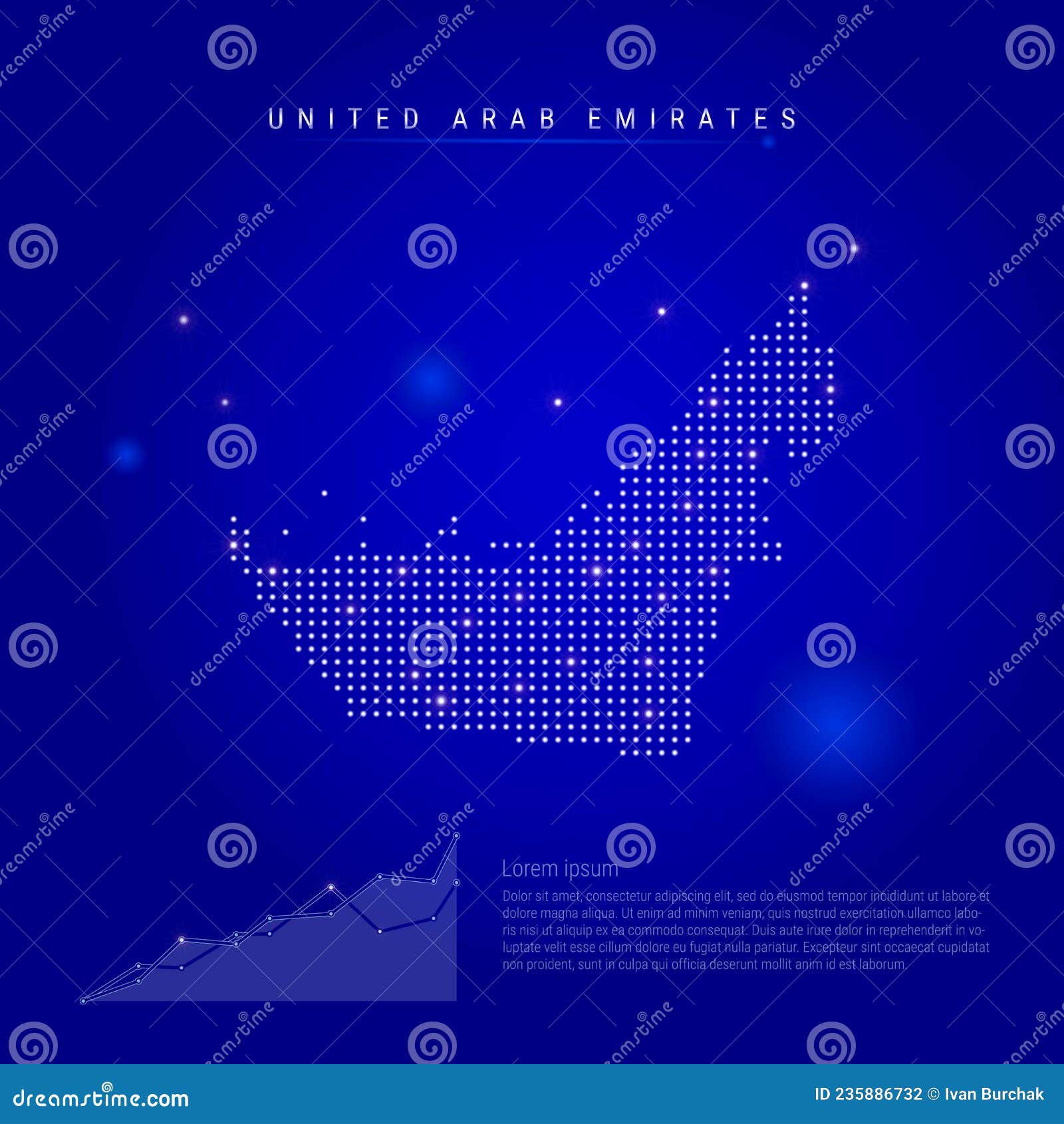 United Arab Emirates Illuminated Map with Glowing Dots. Dark Blue Space ...
