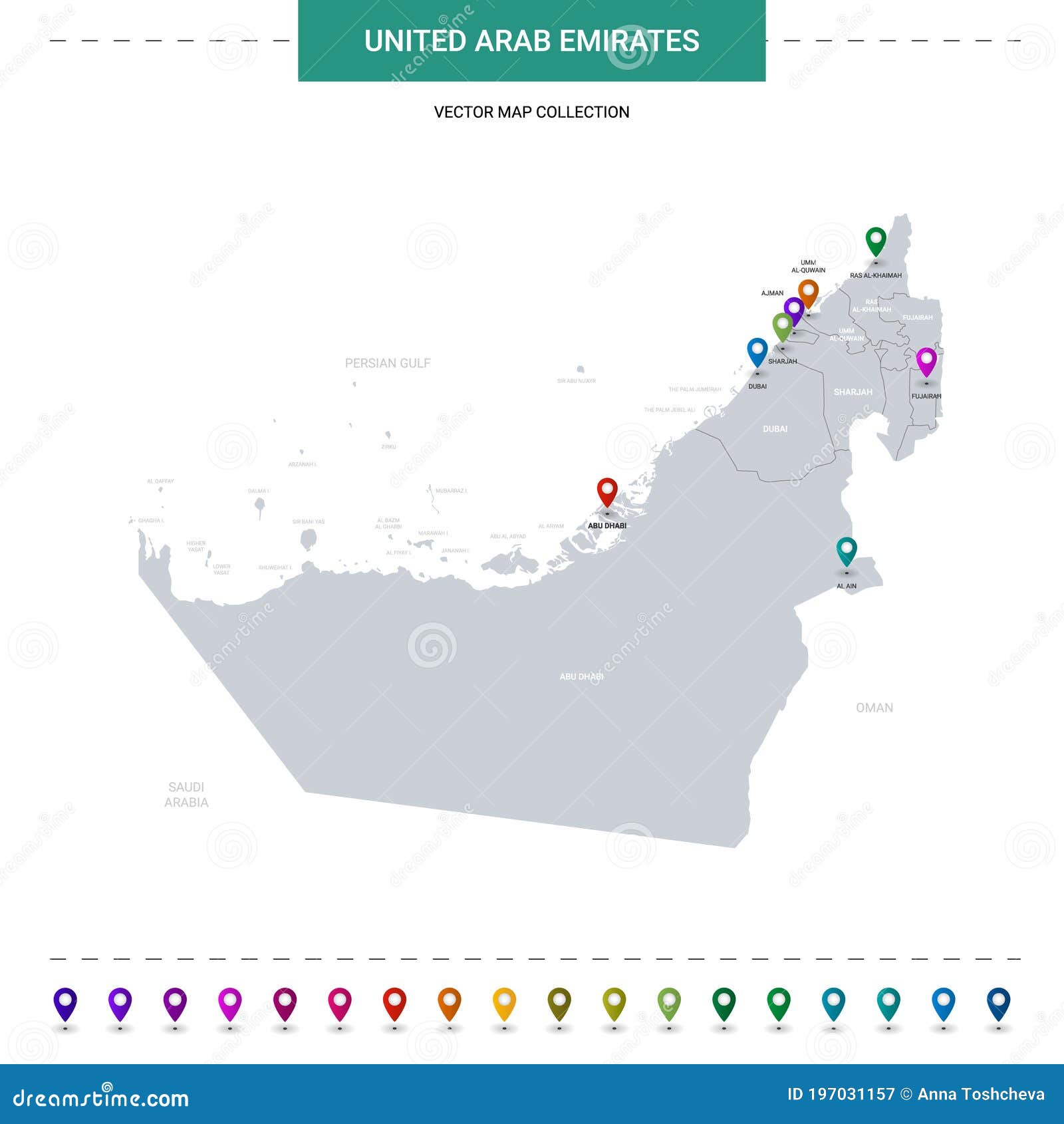 United Arab Emirates Map with Location Pointer Marks. Stock Vector ...