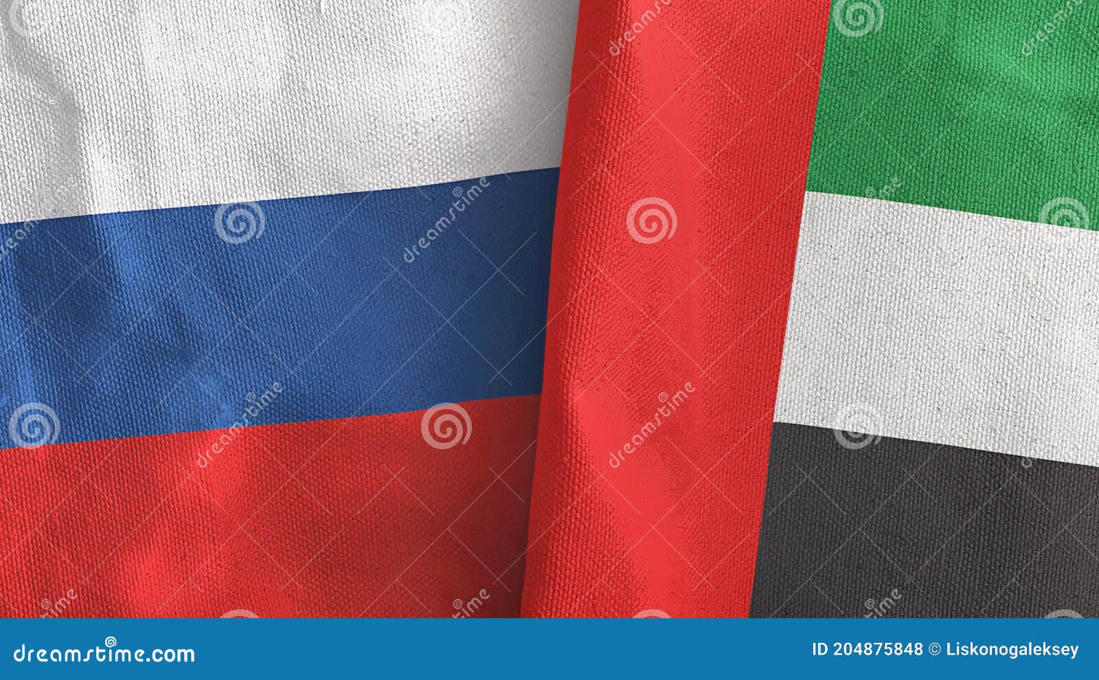 United Arab Emirates and Russia Two Flags Textile Cloth 3D Rendering ...