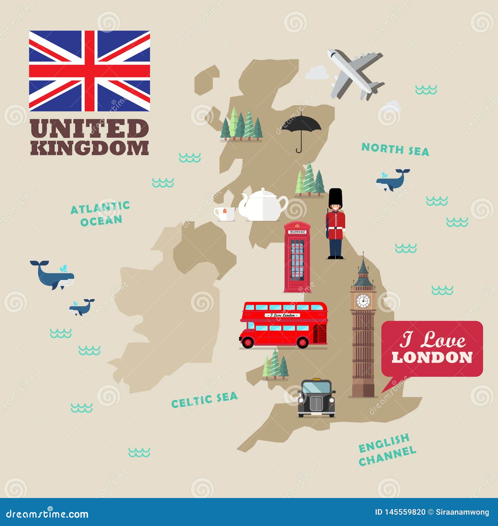 United Kingdom National Symbols with Map Stock Vector - Illustration of ...