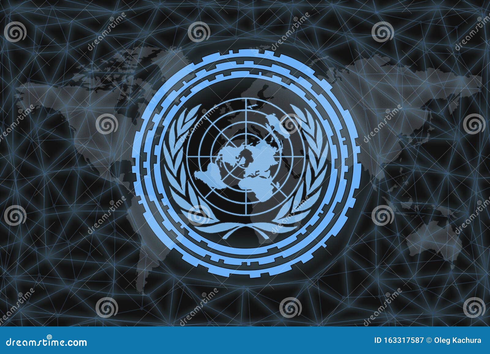 United Nations Logo, on a Black Background with World Map and Network ...