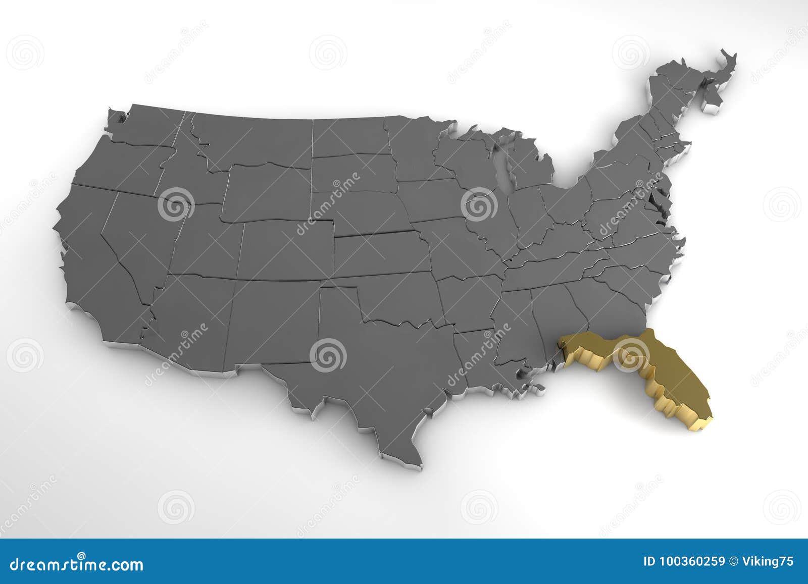 United States of America, 3d Metallic Map, with Florida State ...