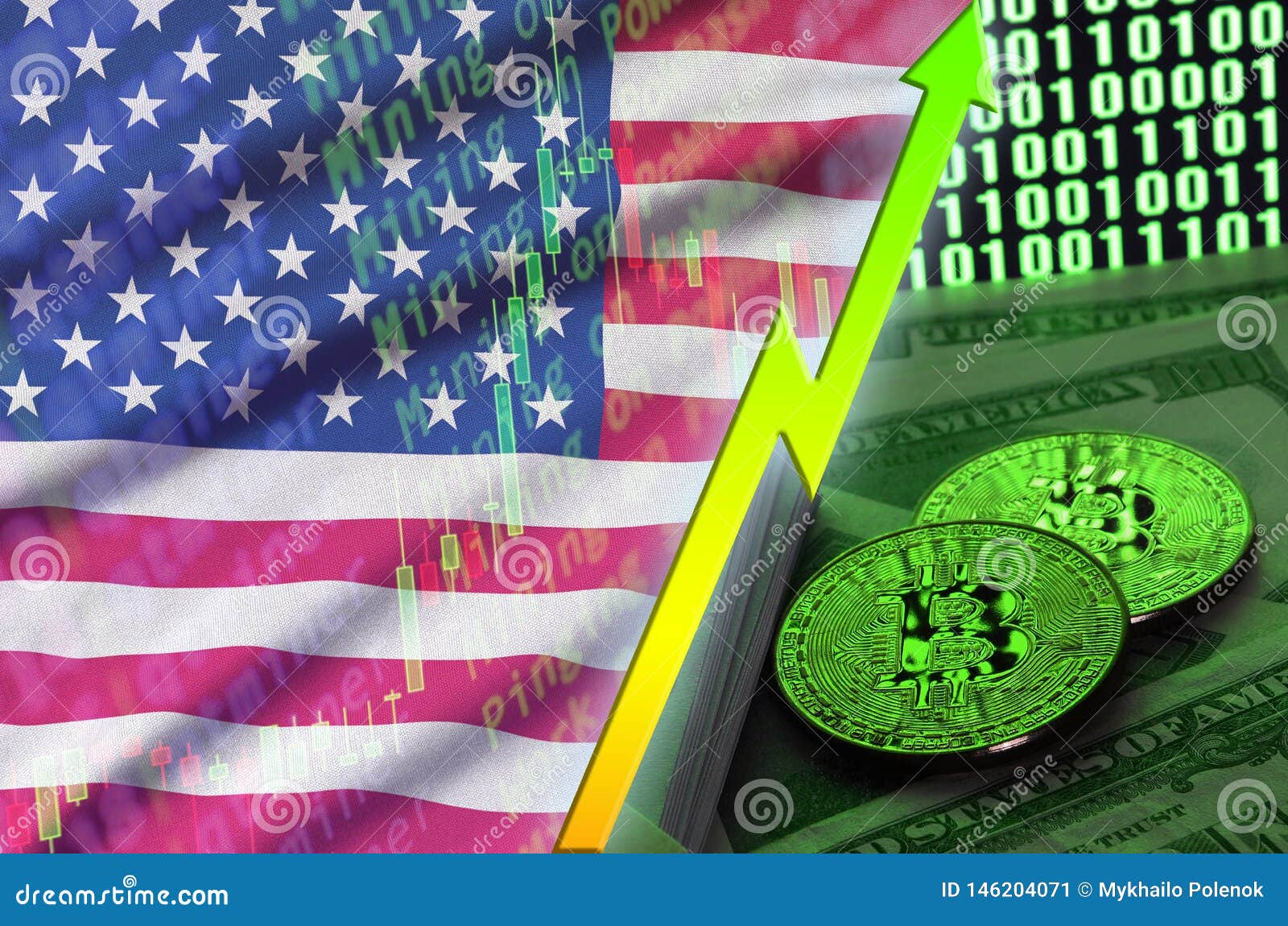 United States of America Flag and Cryptocurrency Growing Trend with Two ...