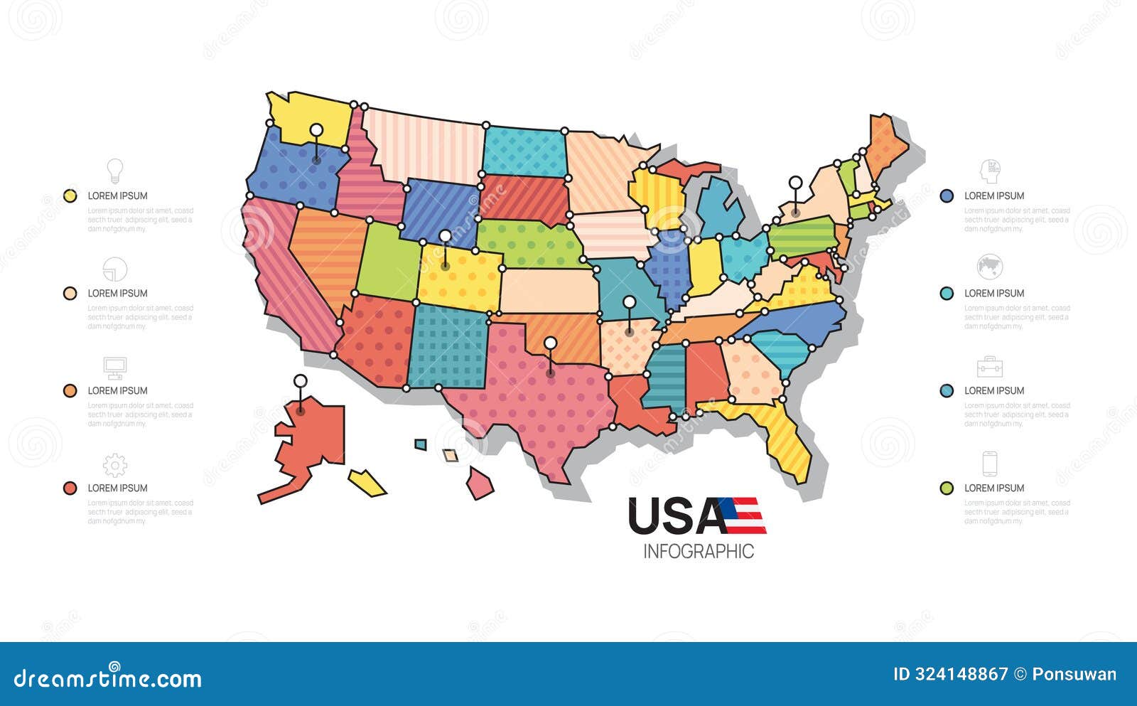 United States of America Vector Map Template with Infographic Elements ...