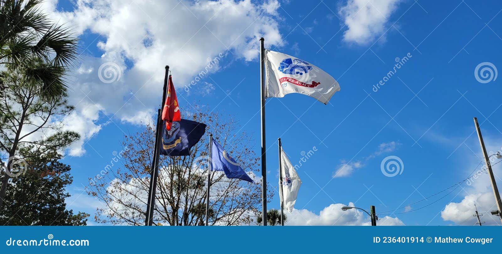 United States Armed Forces Flags Flying Stock Photo - Image of tower ...