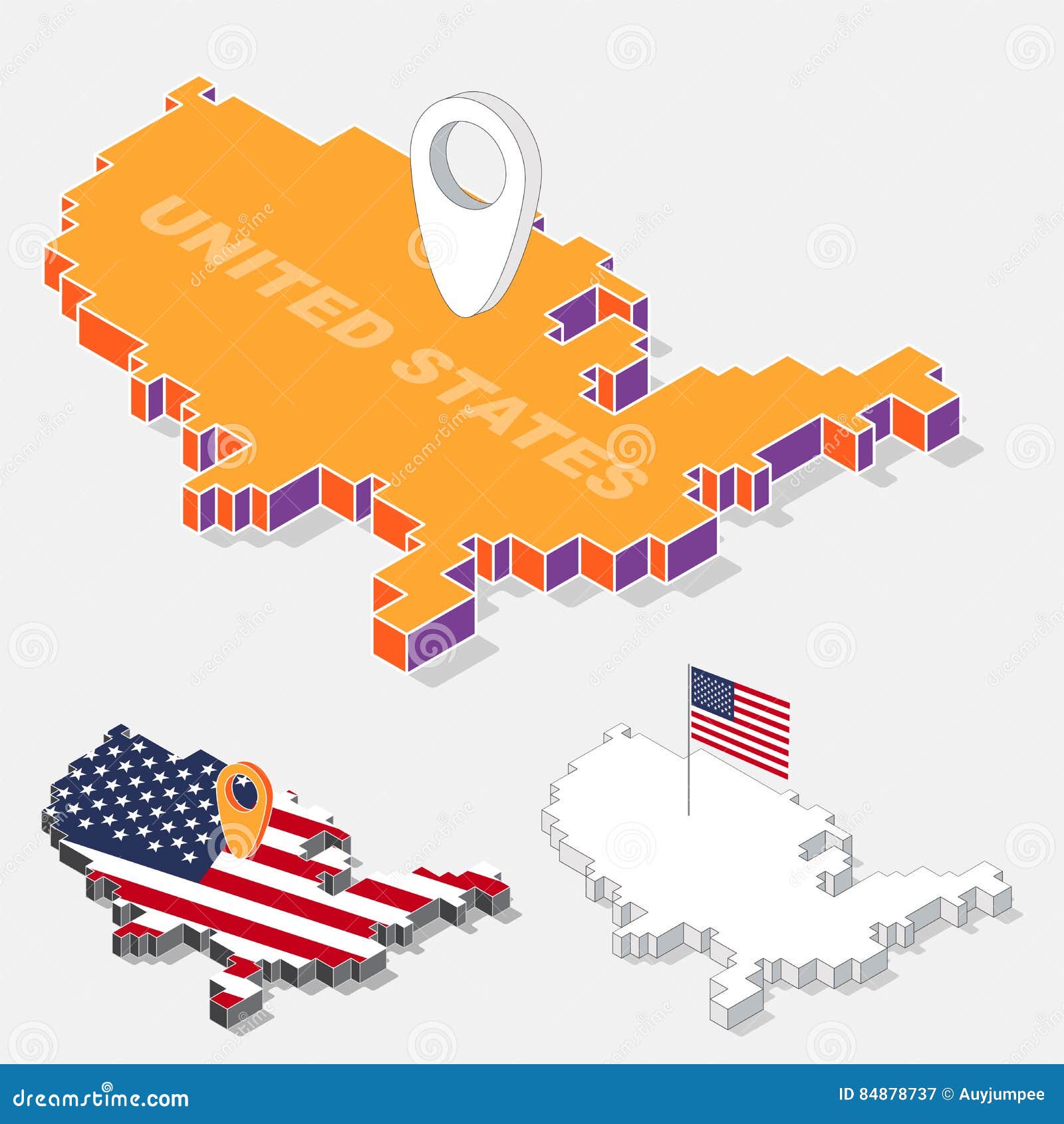 United States Flag on Map Element with 3D Isometric Shape Isolated on ...