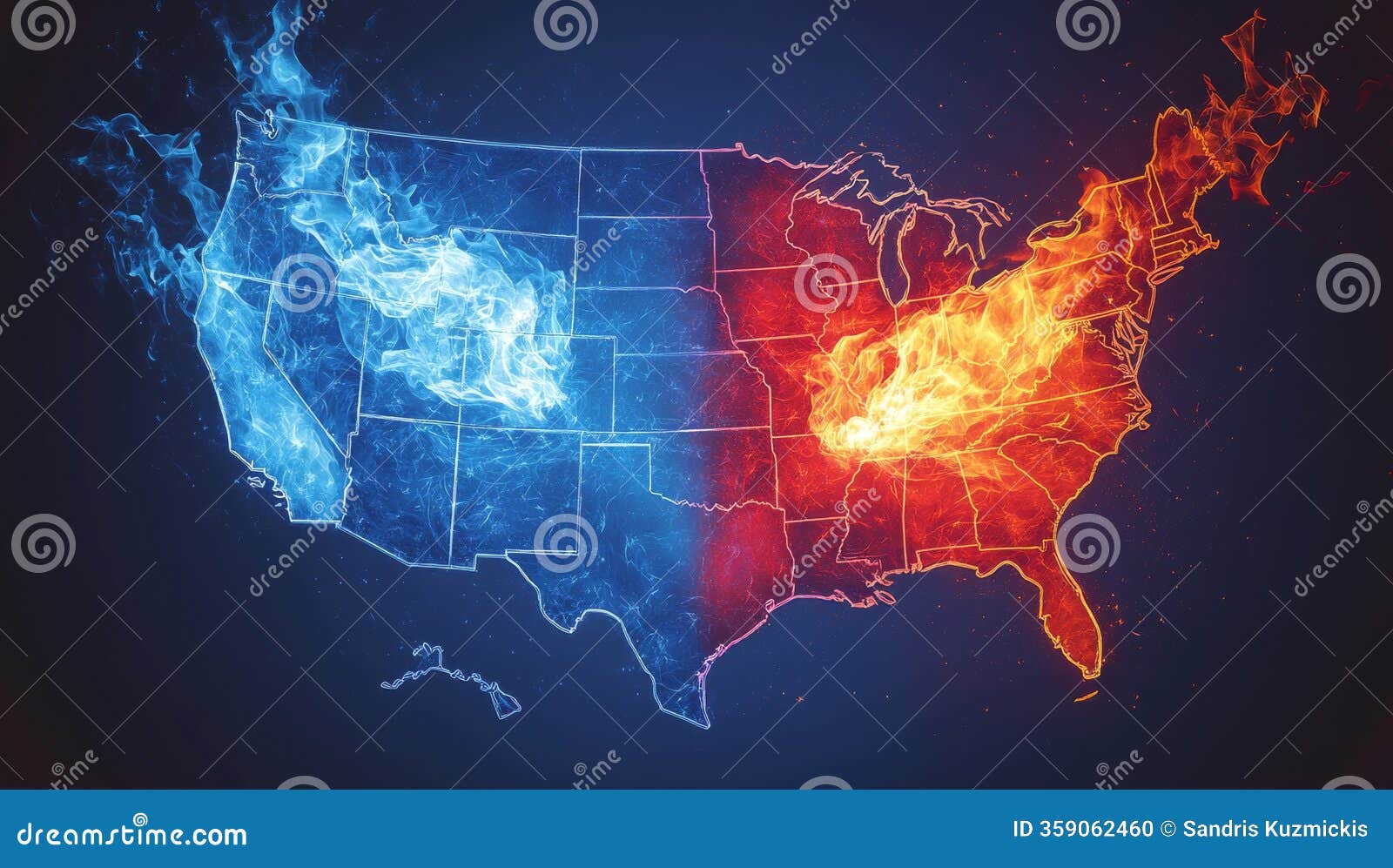 United States Map with Flames on One Side. Generative AI. Stock ...