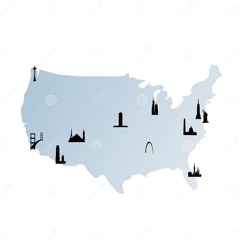 United States Map with Landmarks Stock Vector - Illustration of federal ...