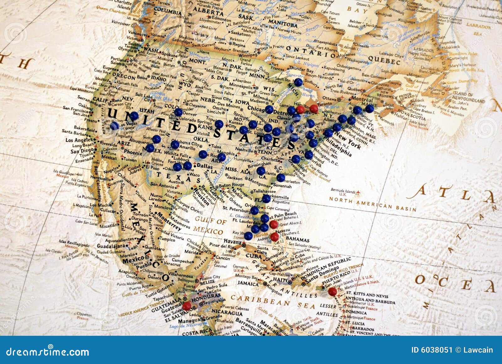 United States with Map Tacks Stock Image - Image of east, latitude: 6038051