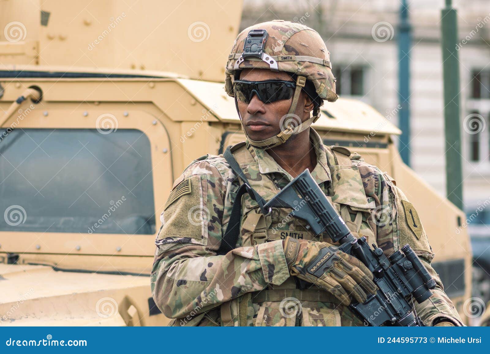 United States Marine Corps Soldier With Shotguns Or Rifles Helmets And Armored Vehicle