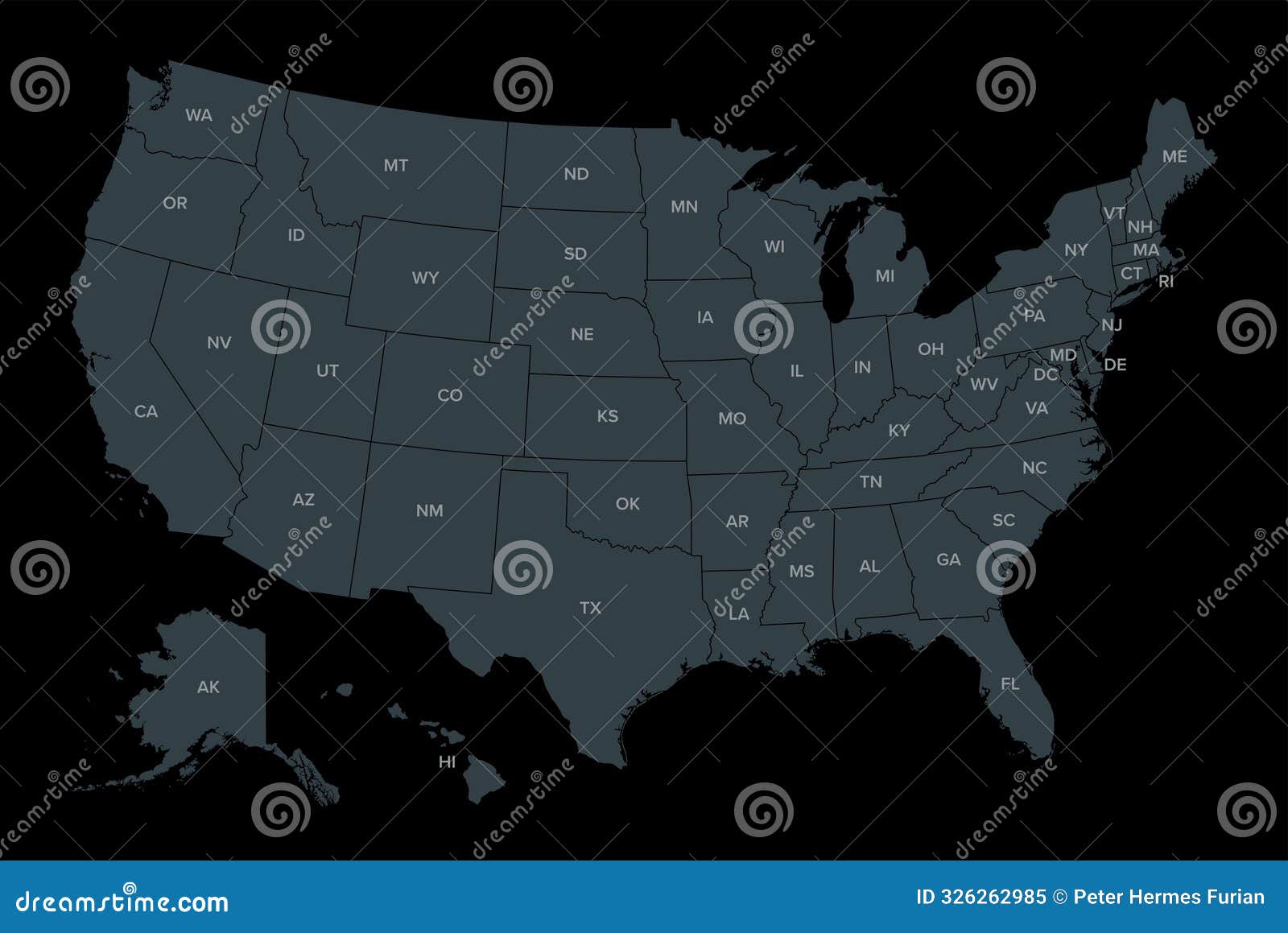 United States of America, Fifty Single States, Dark Political Map Stock ...