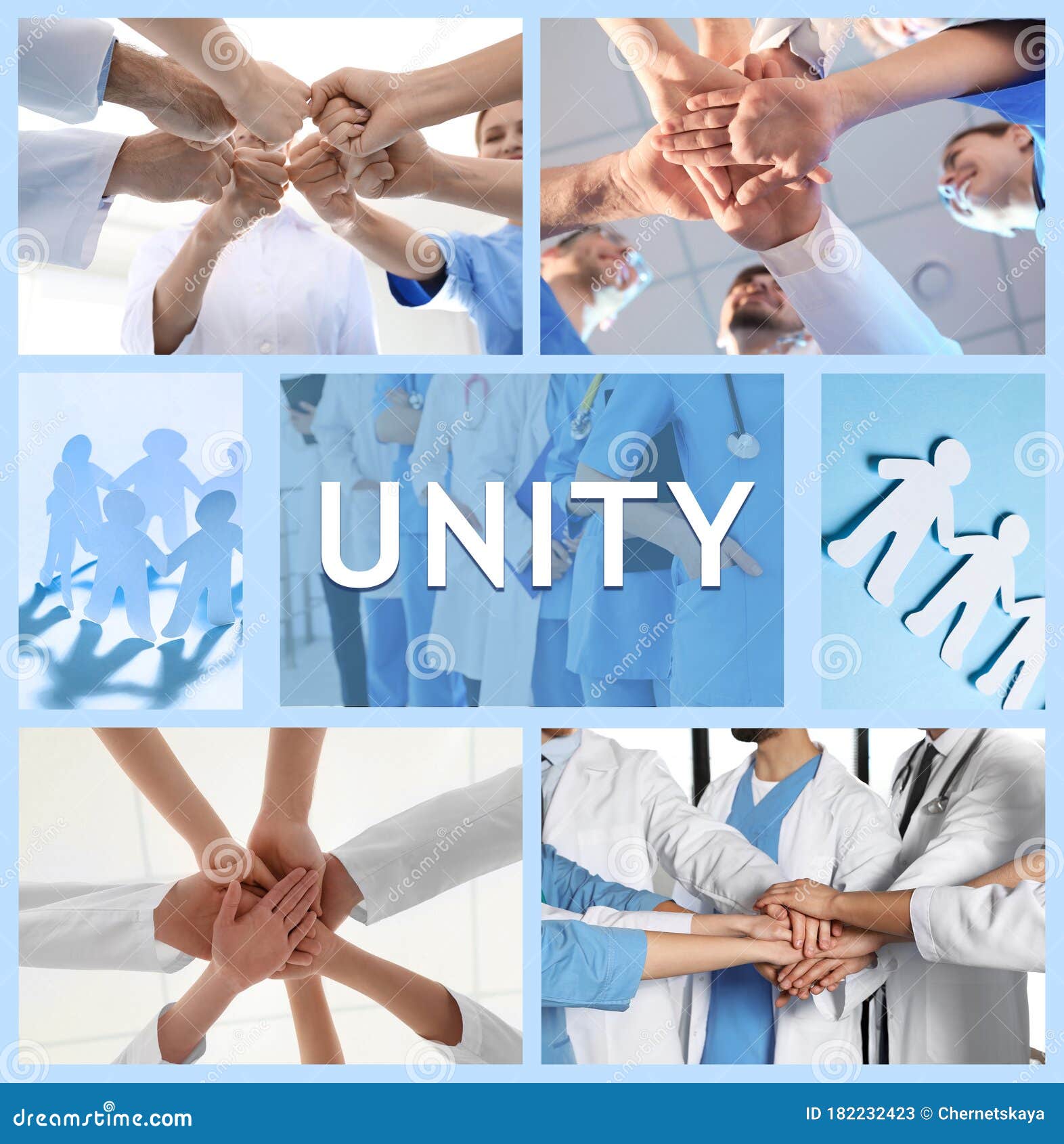 Unity Concept. Collage with Team of Medical Workers and Paper People ...