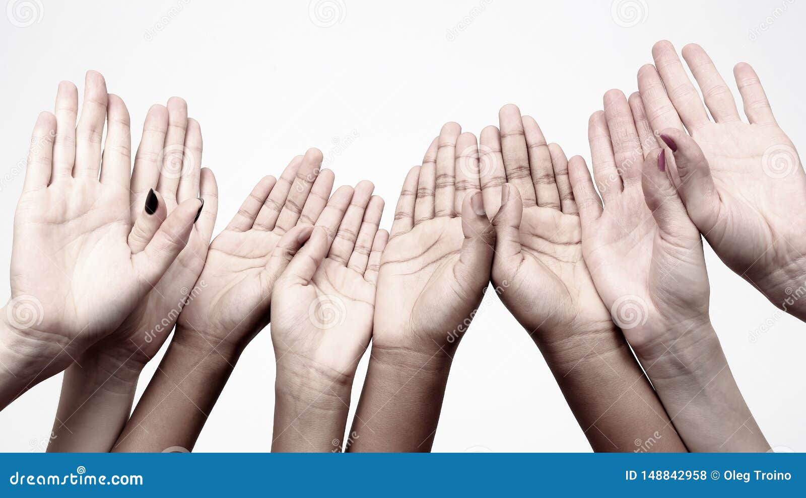 Unity and Relations in Society. Many Raised Hands in a Row Stock Photo ...