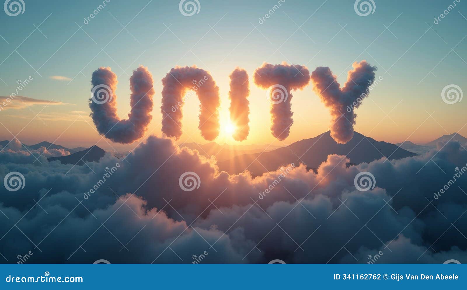 Unity Spelled with Clouds Above Mountain Range at Sunrise Stock ...