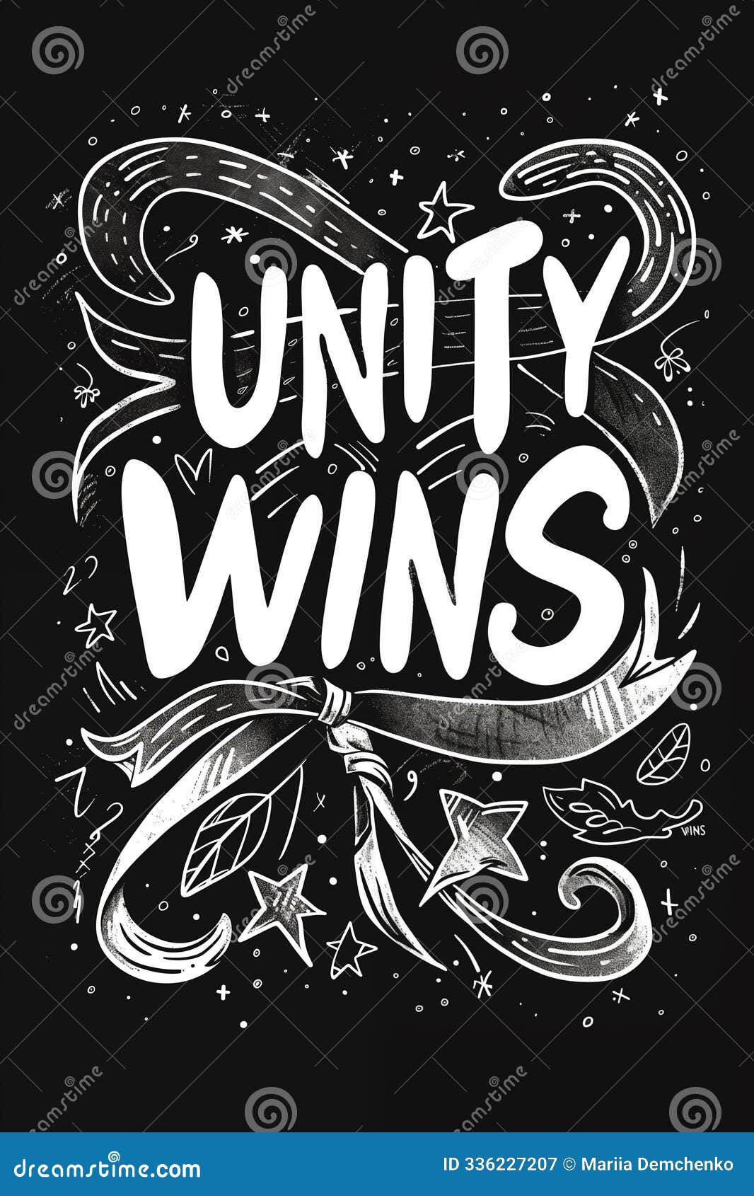 Unity Wins Lettering with Decorative Elements on Black Background Stock ...