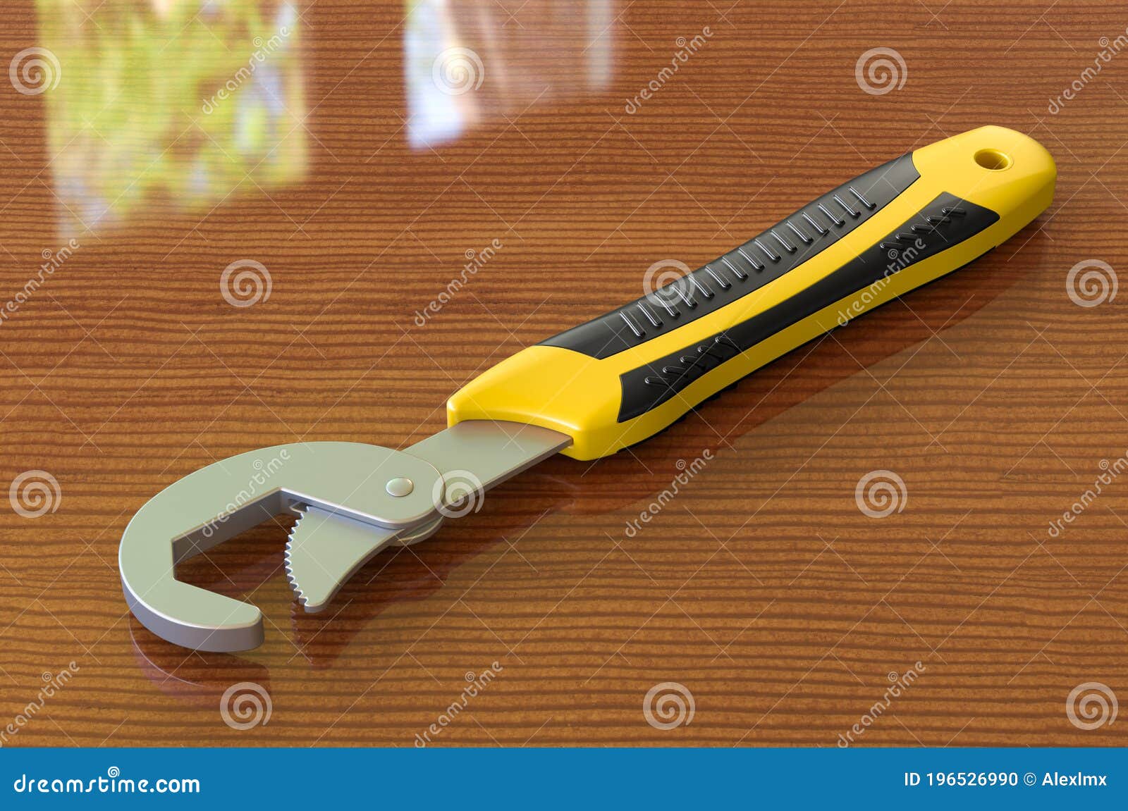 Universal Adjustable Wrench on the Wooden Table. 3D Rendering Stock ...