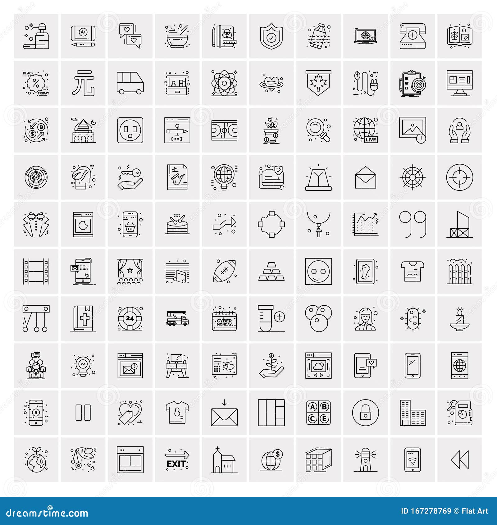 100 Universal Black Line Icons on White Background Stock Vector ...
