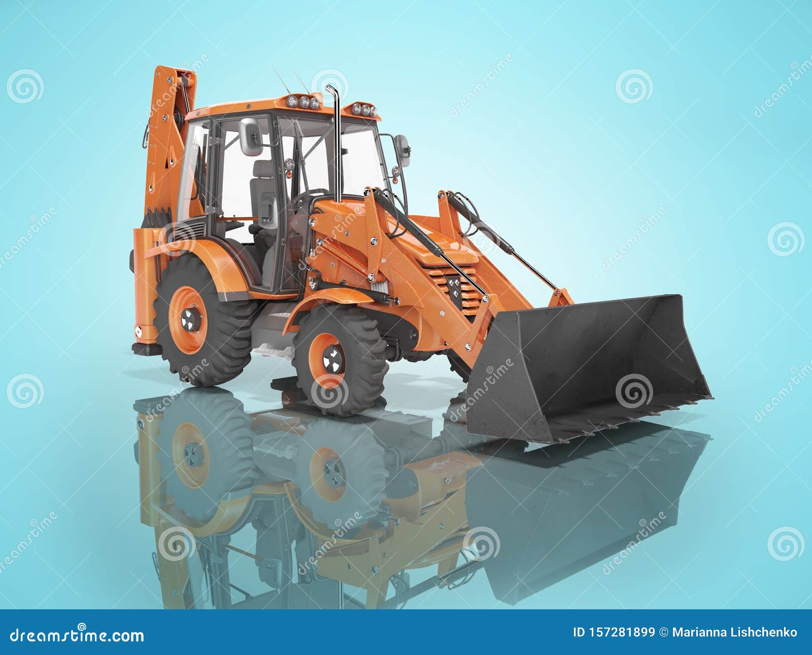 Blue Hydraulic Wheeled Excavator Perspective View 3D Rendering On Blue ...