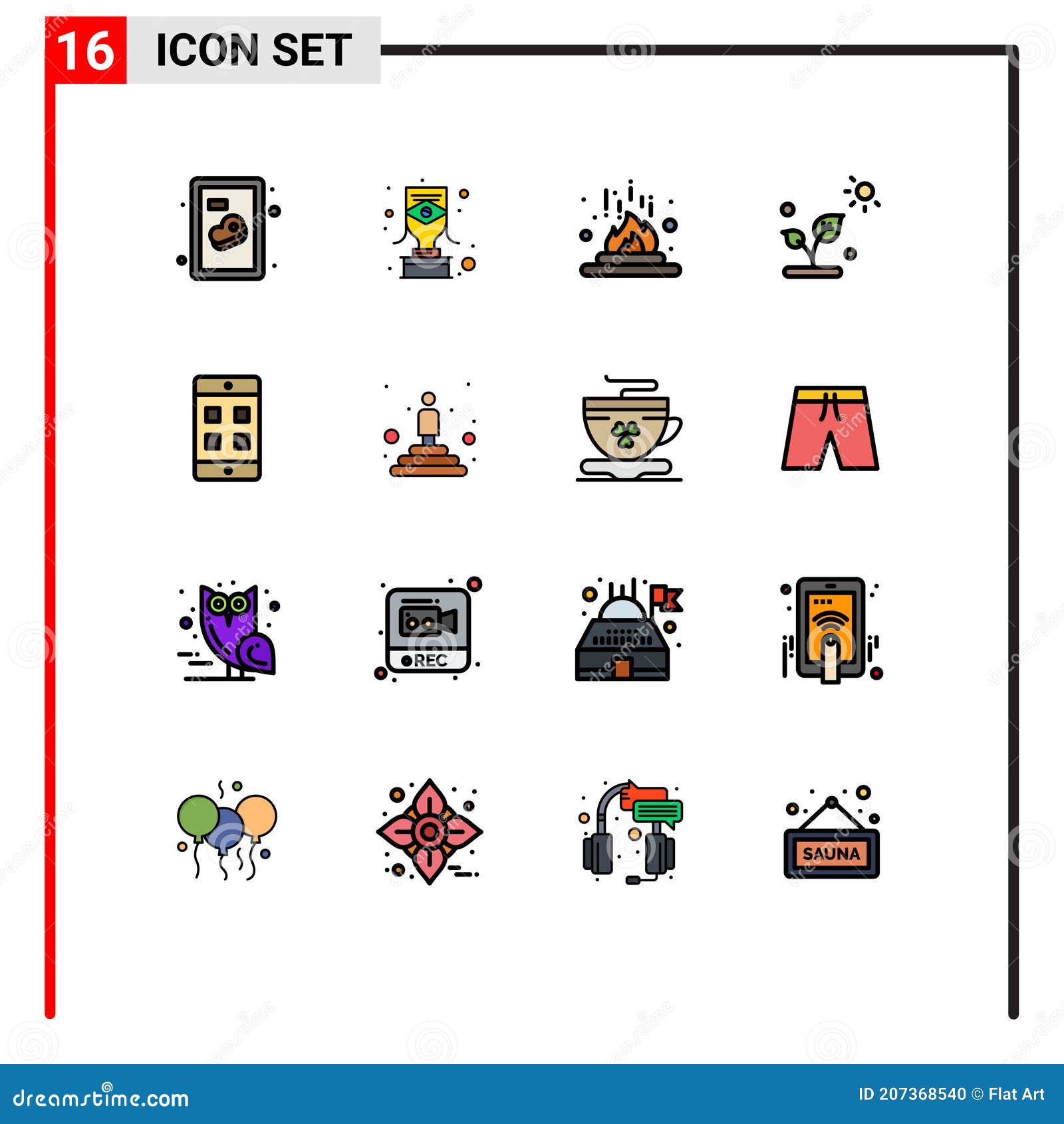 16 Universal Flat Color Filled Line Signs Symbols of Cell, Sun, Fire ...