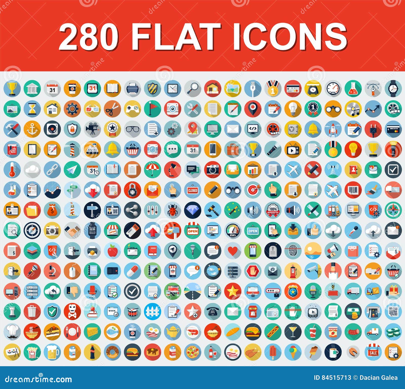 280 Universal Flat Icons stock vector. Illustration of flat - 84515713