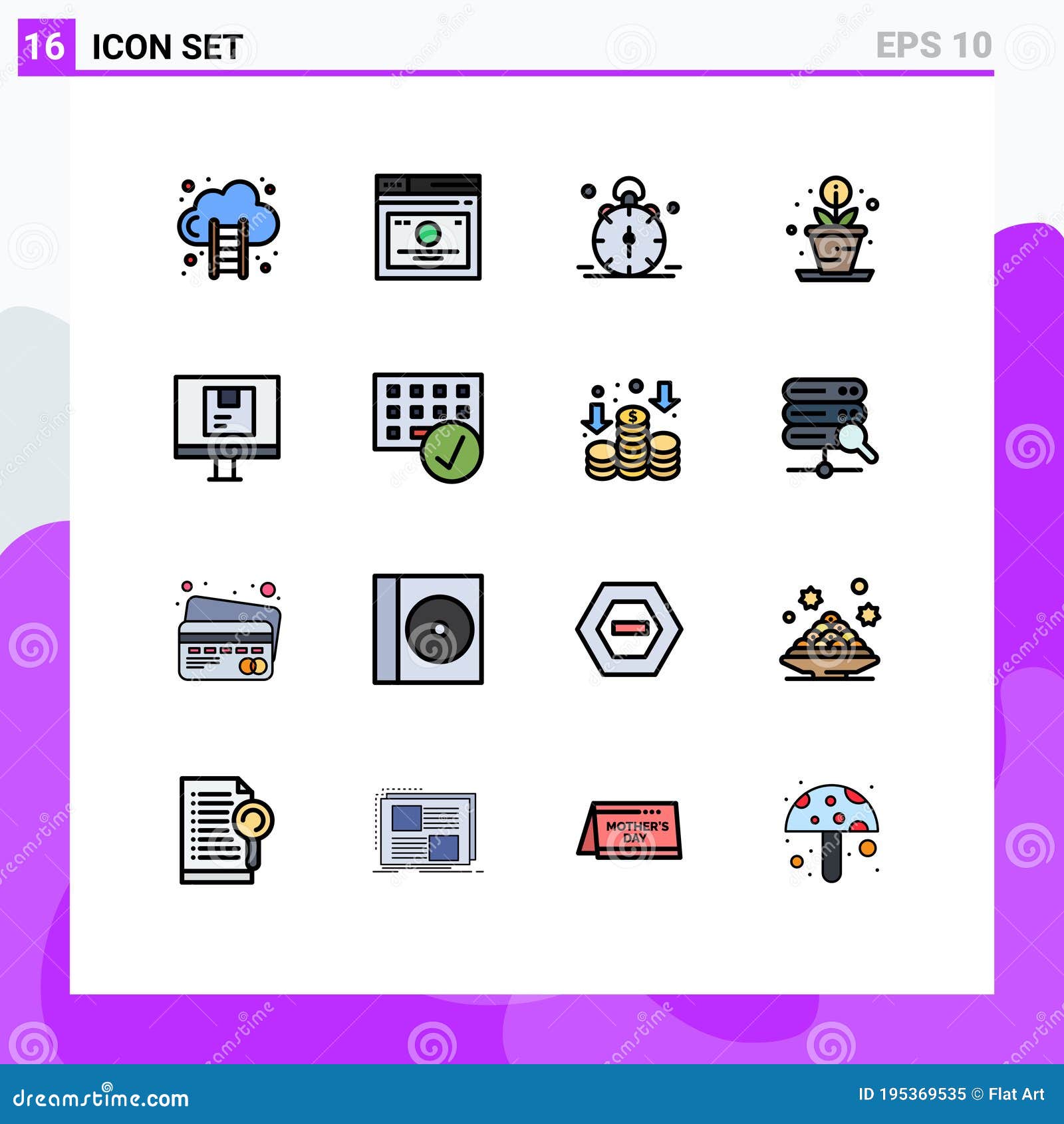 Universal Icon Symbols Group of 16 Modern Flat Color Filled Lines of ...