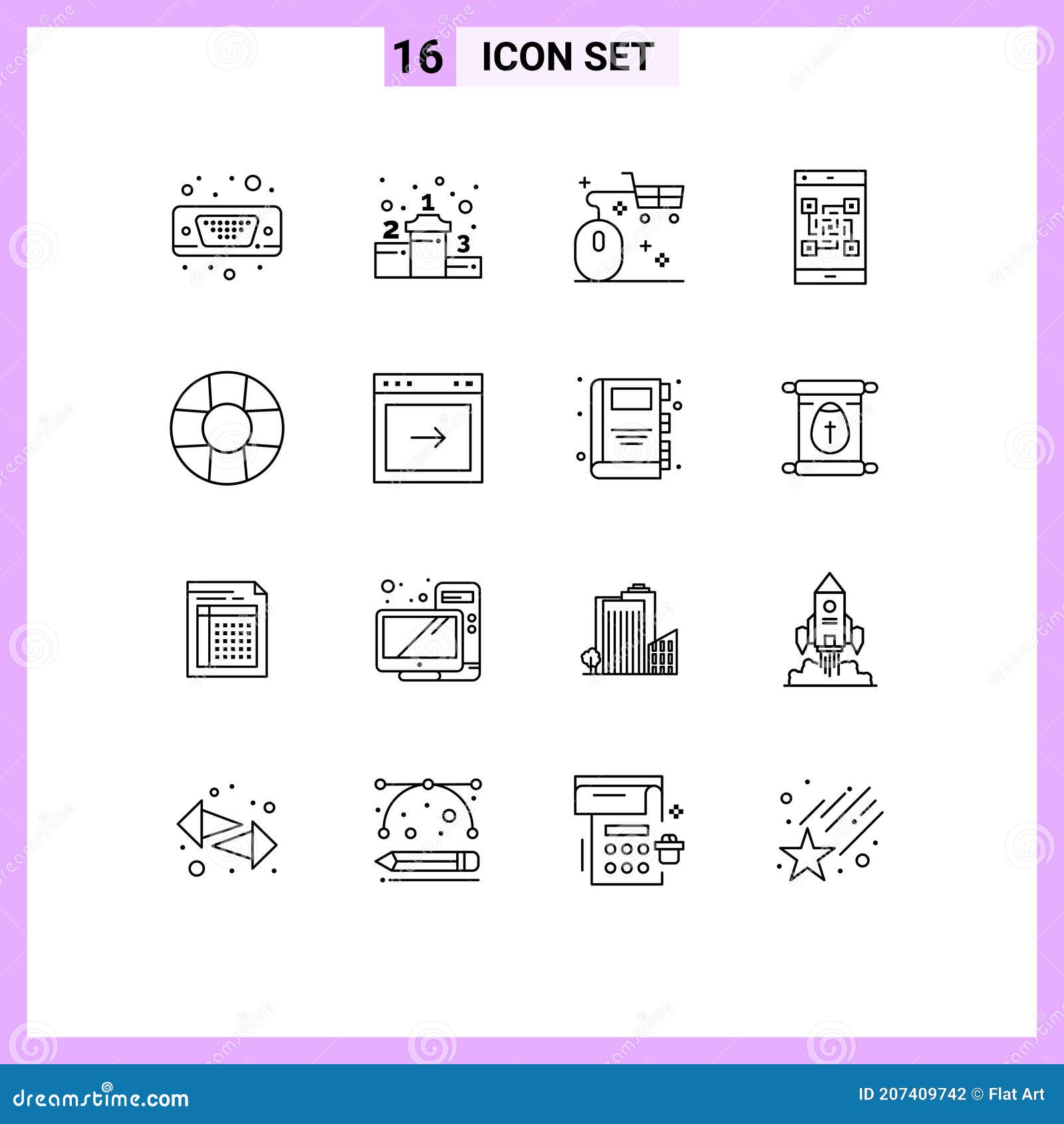 Universal Icon Symbols Group of 16 Modern Outlines of Help, Scan, Cart ...