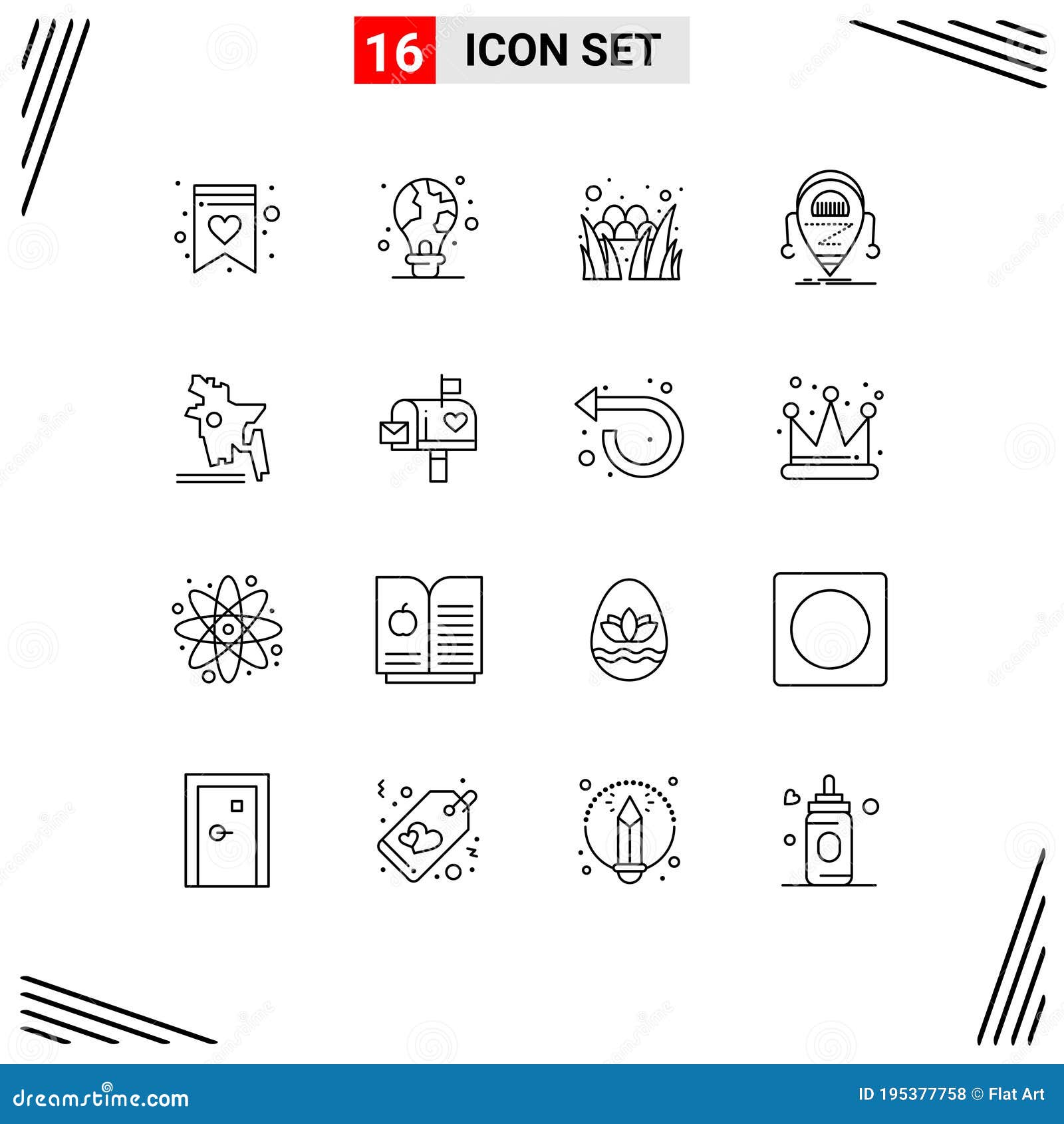 Universal Icon Symbols Group of 16 Modern Outlines of Map, Robot, Egg ...