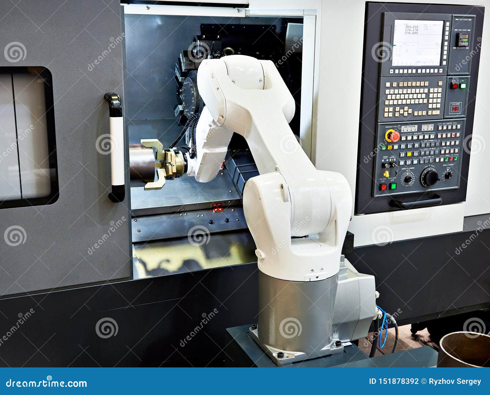 Robotic Arm and Cnc Lathe Machine Stock Photo - Image of metal, lathe ...