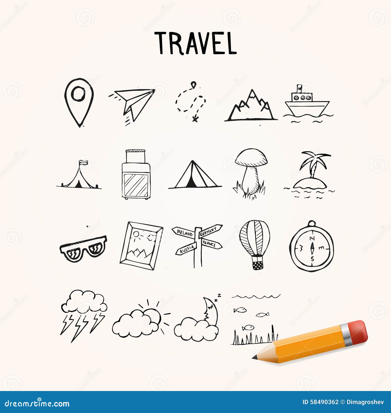 Universal Set of Vector Doodle Icons, Travel Hand Drawn Objects Stock ...