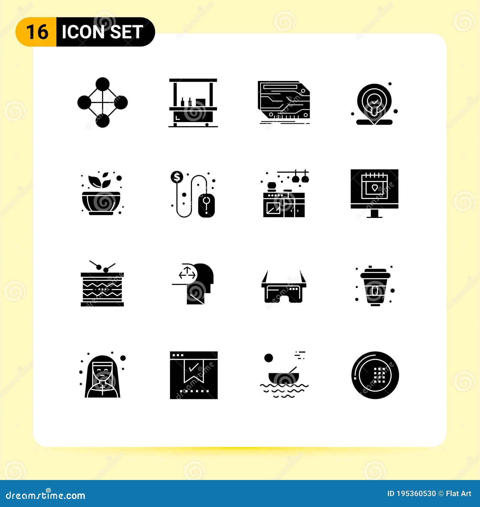 16 Universal Solid Glyph Signs Symbols of Calm, Grinding, Component ...