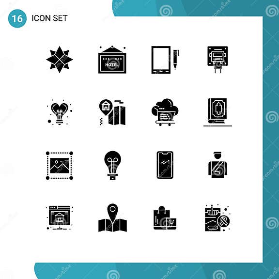 16 Universal Solid Glyph Signs Symbols of Light, Bulb, Cell, Public ...