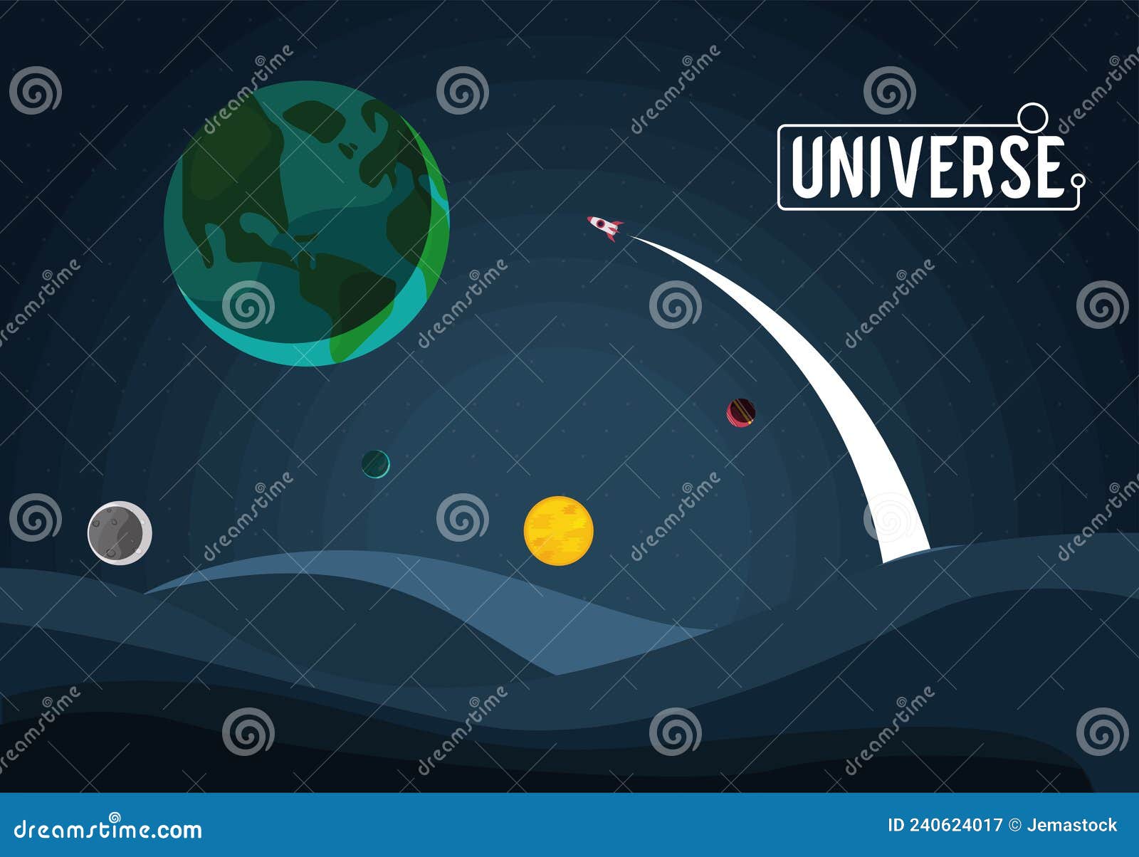 Universe Lettering with Rocket Stock Vector - Illustration of view ...