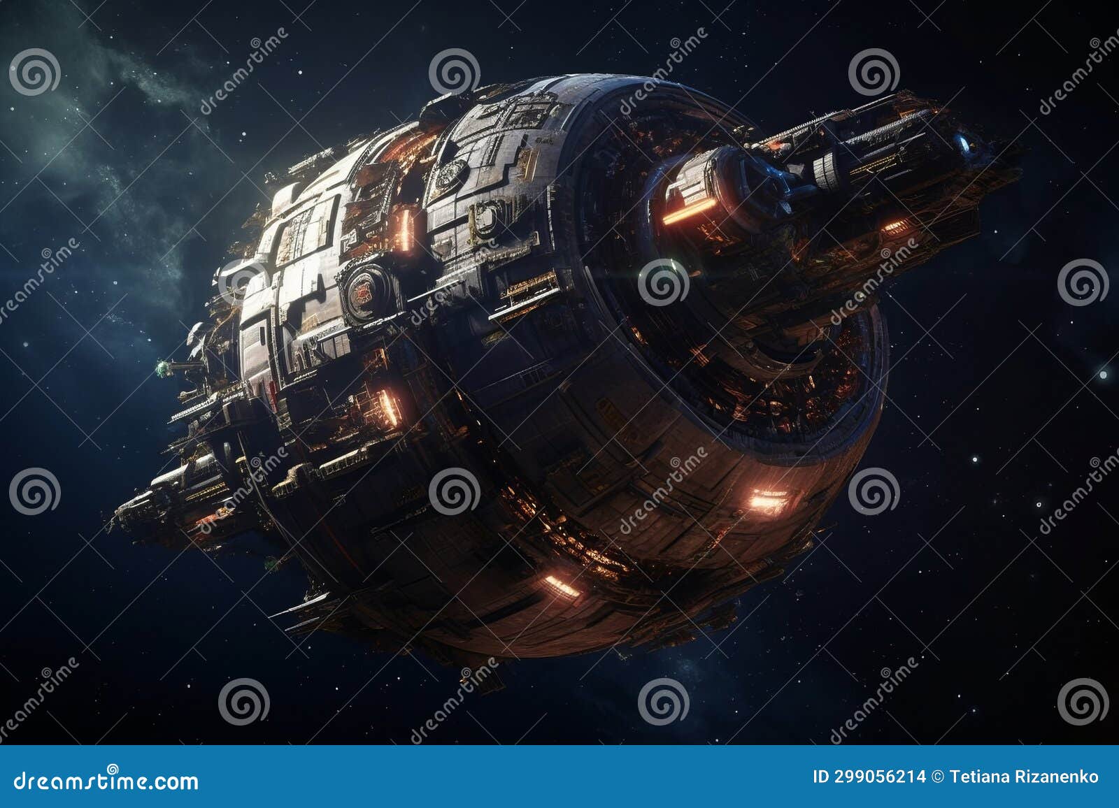 Universe Scene with Huge Spaceship in Outer Space. Dark Space ...