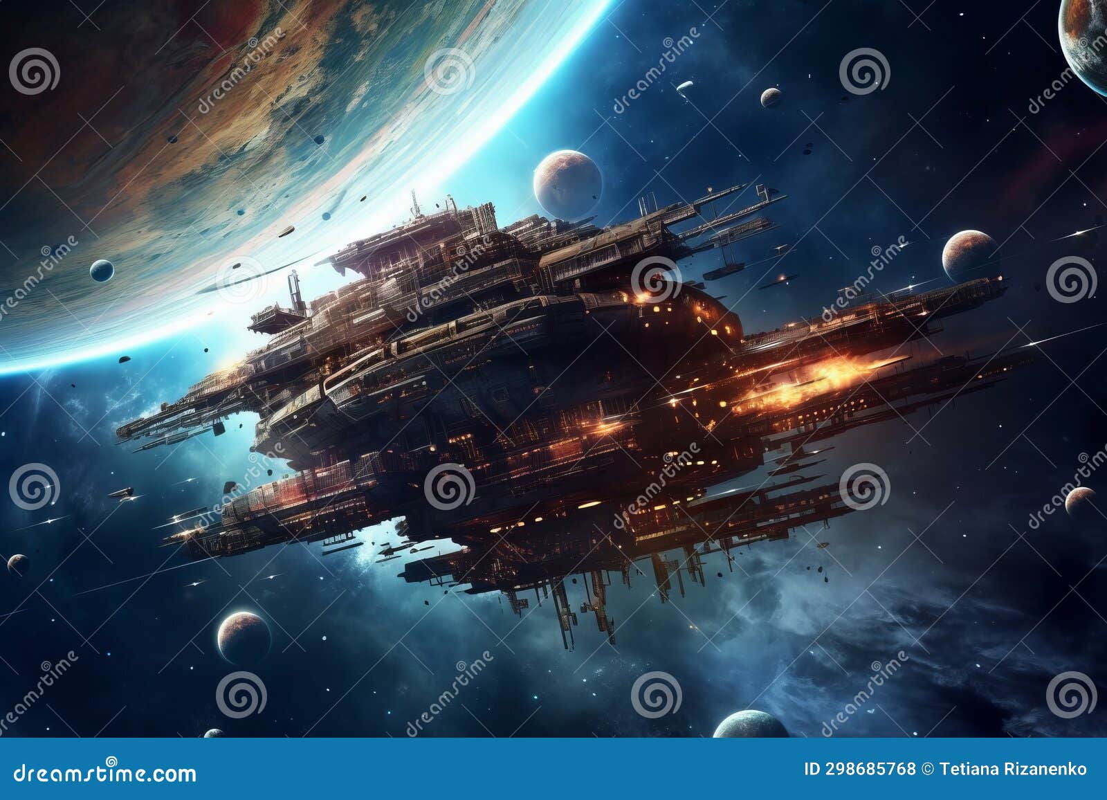 Universe Scene With Huge Spaceship In Outer Space. Dark Space ...