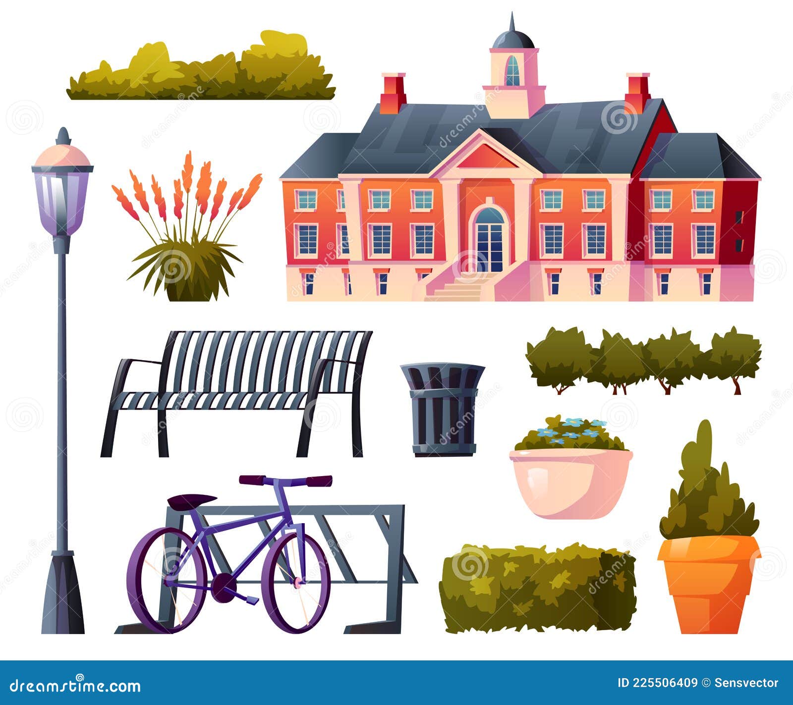 University Building Landscape Element Set Isolated Stock Vector ...