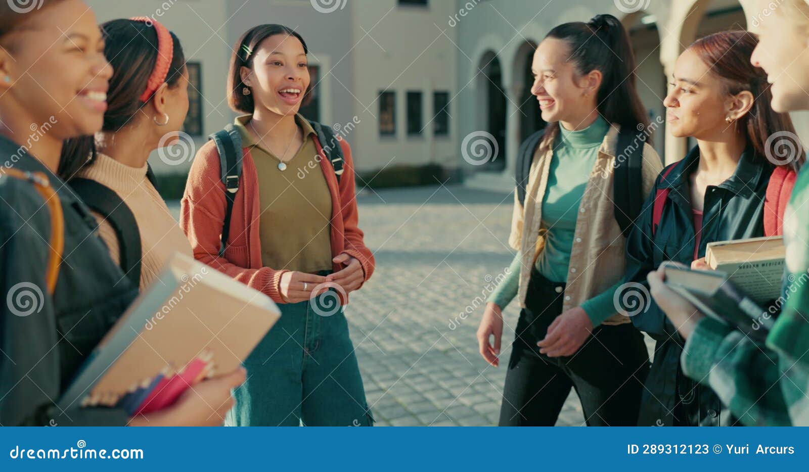 University, Campus and Group of Students Talking in Conversation on a ...