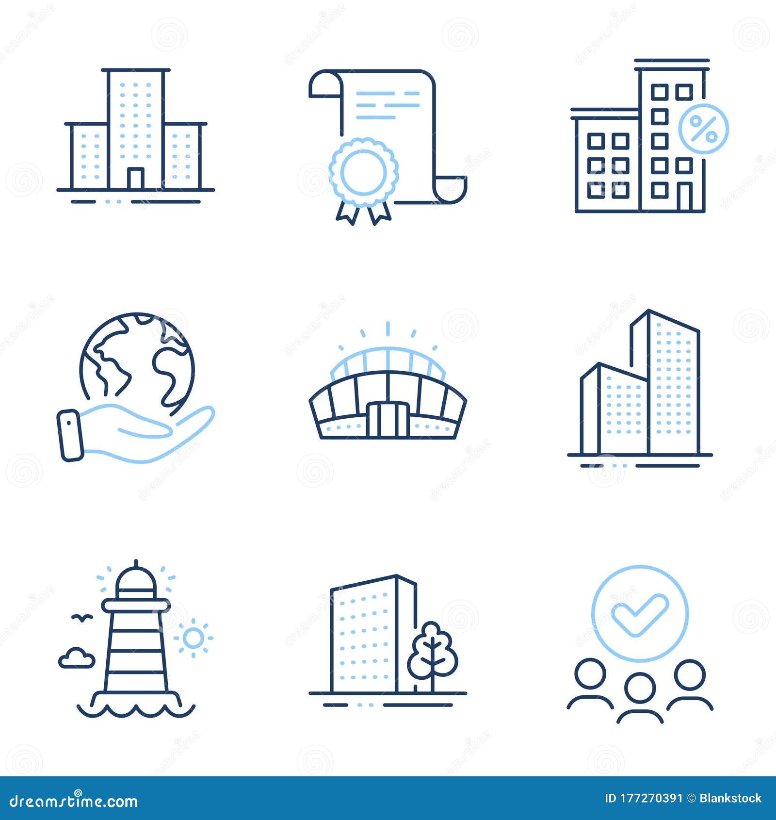 Skyscraper Buildings, Arena Stadium And Lighthouse Icons Set. Circus ... Skyscraper Buildings, Arena Stadium And Lighthouse Icons Set. Circus ...