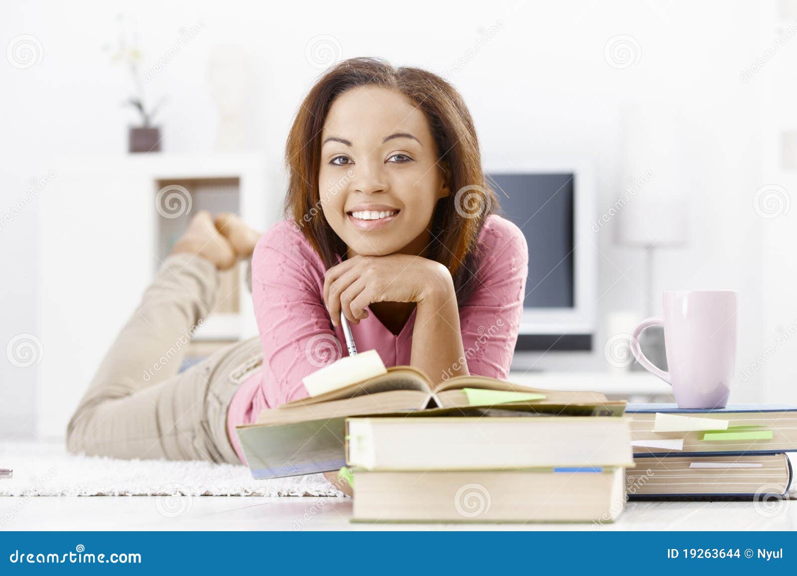 University Girl Studying on Floor Stock Photo - Image of book, american ...