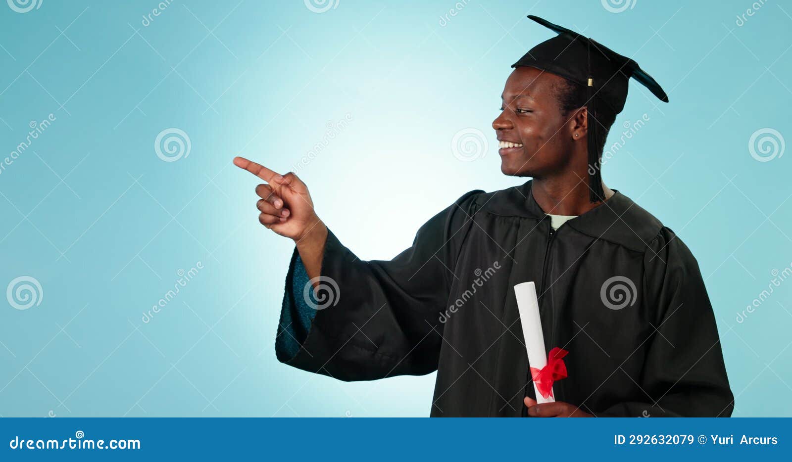 University, Graduate and Hand Pointing by Man in Studio with Checklist ...