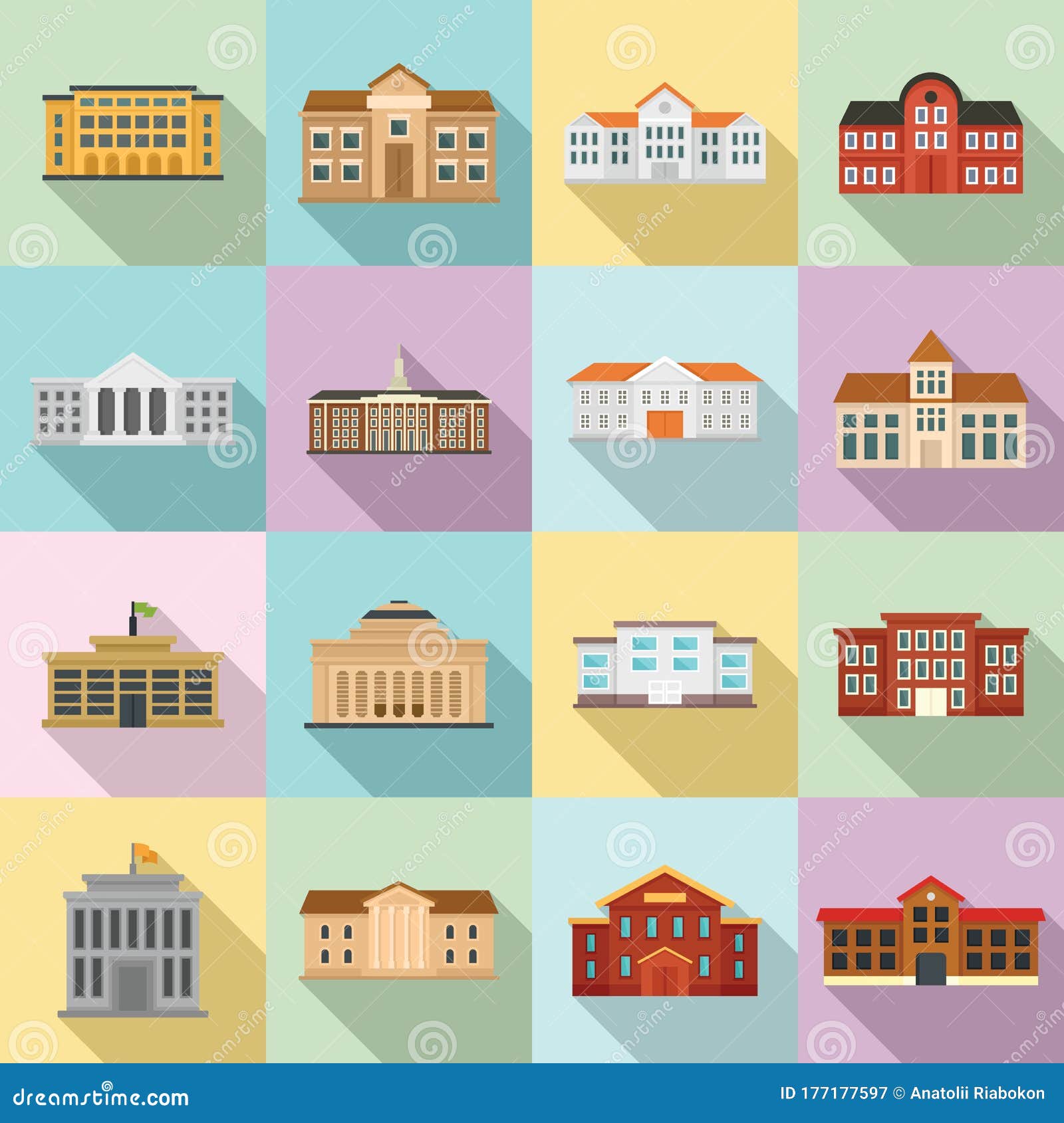 University Icons Set, Flat Style Stock Vector - Illustration of campus ...