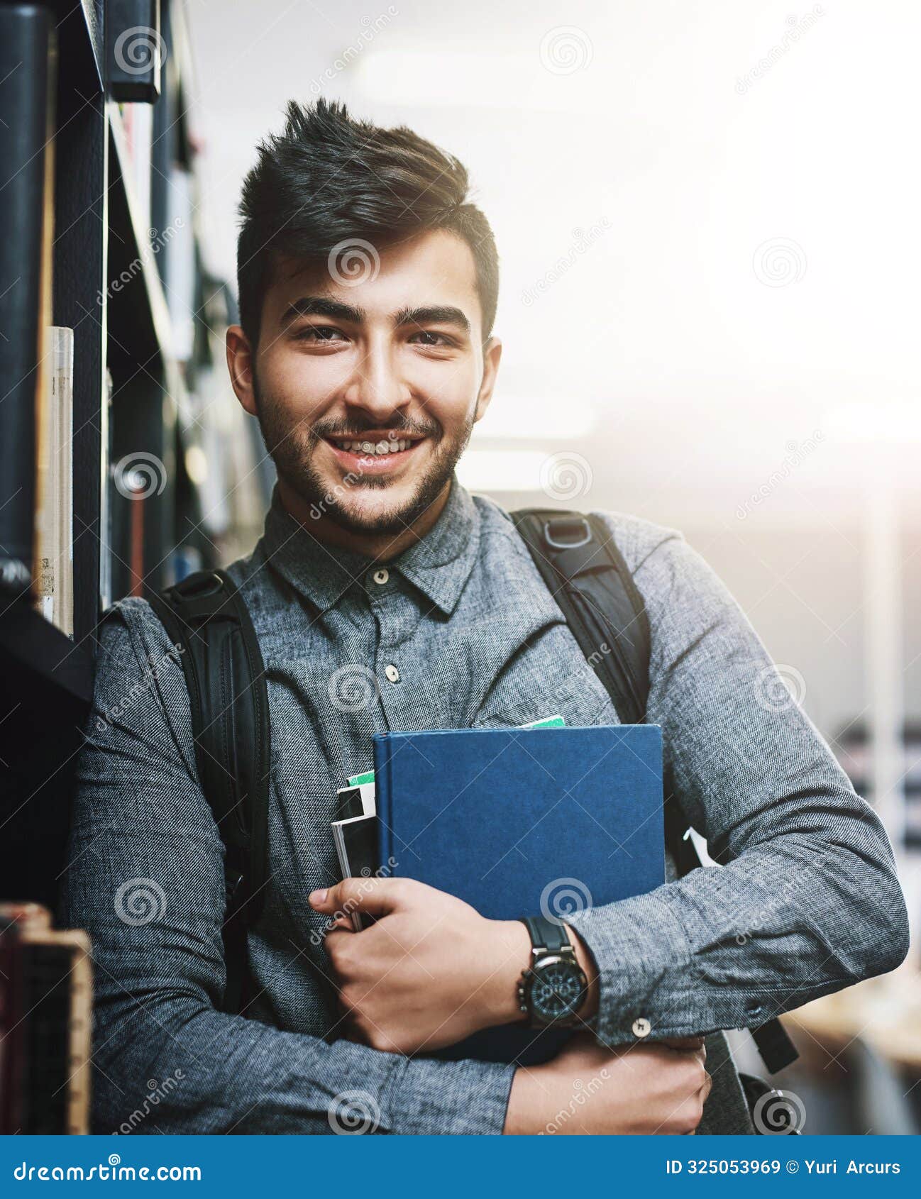 University, Library and Portrait of Man with Books for Knowledge ...