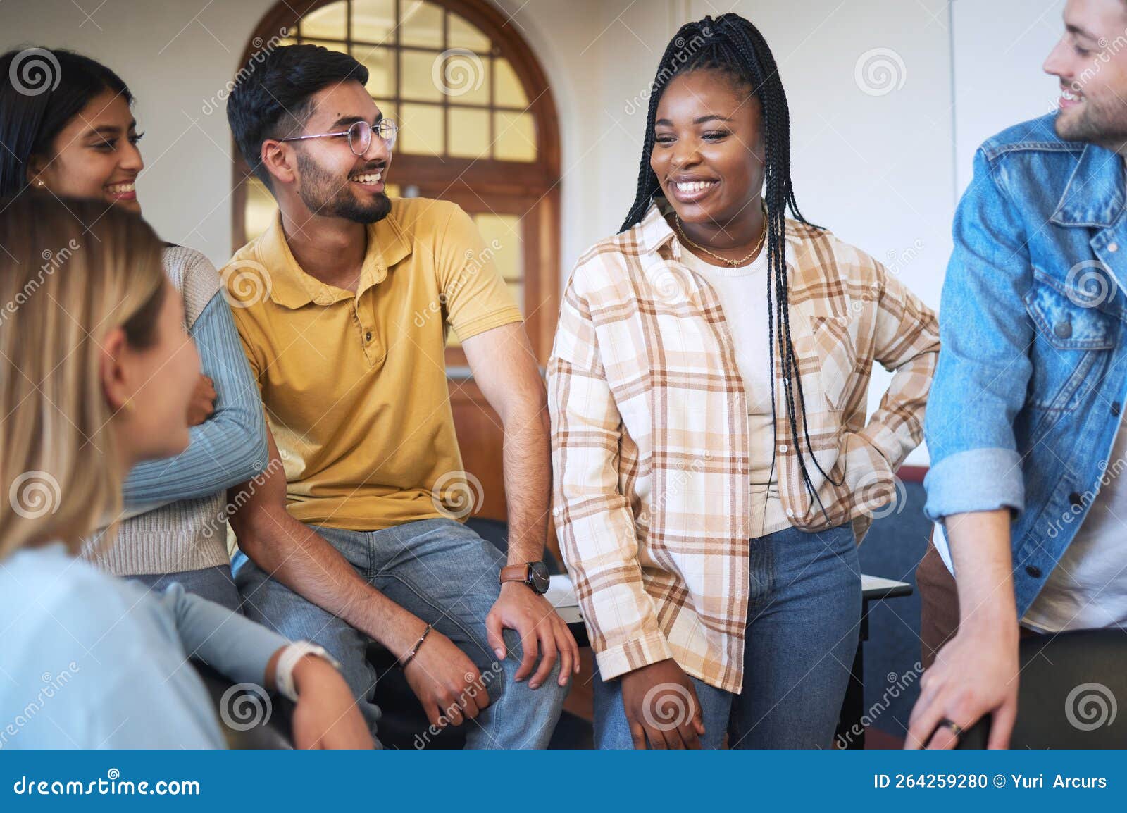 University, Project and Group of Students in Discussion for Research ...