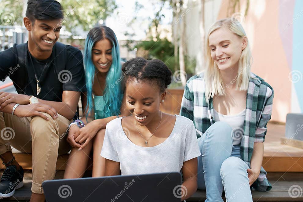 University Steps, Laptop and Friends at Campus for Learning, Research ...