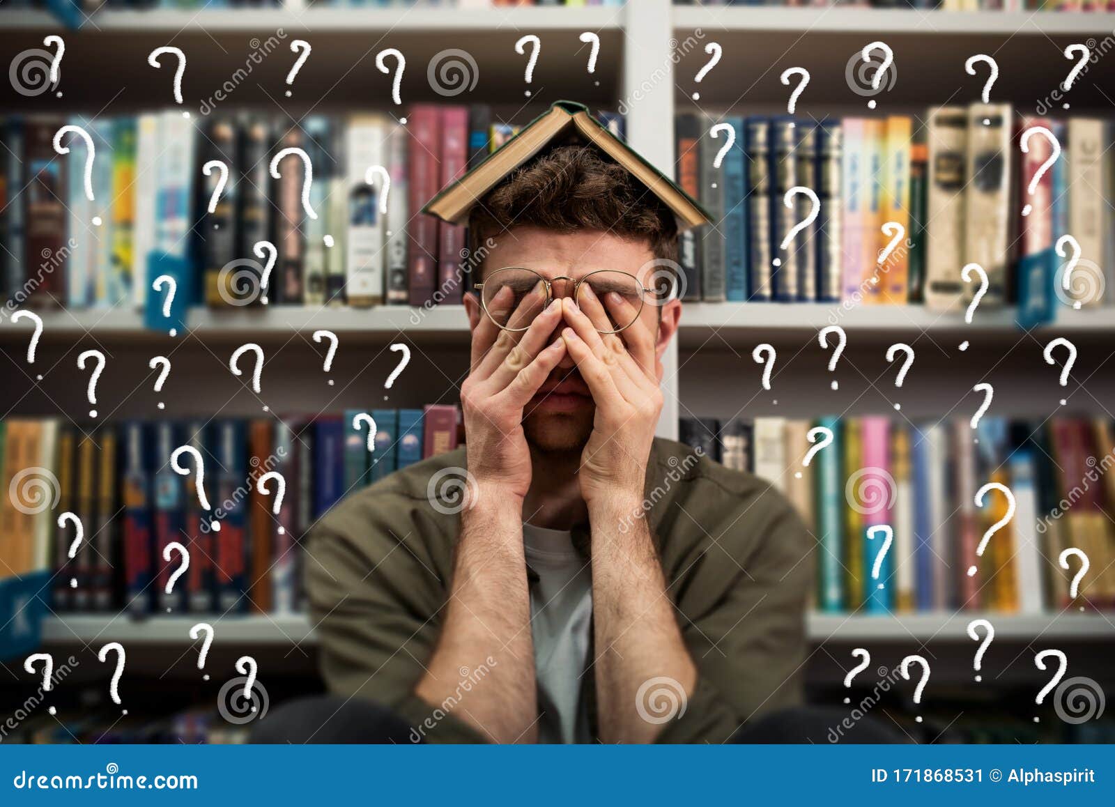 Tired University Student Has Difficulty To Study. Full of Question Mark ...
