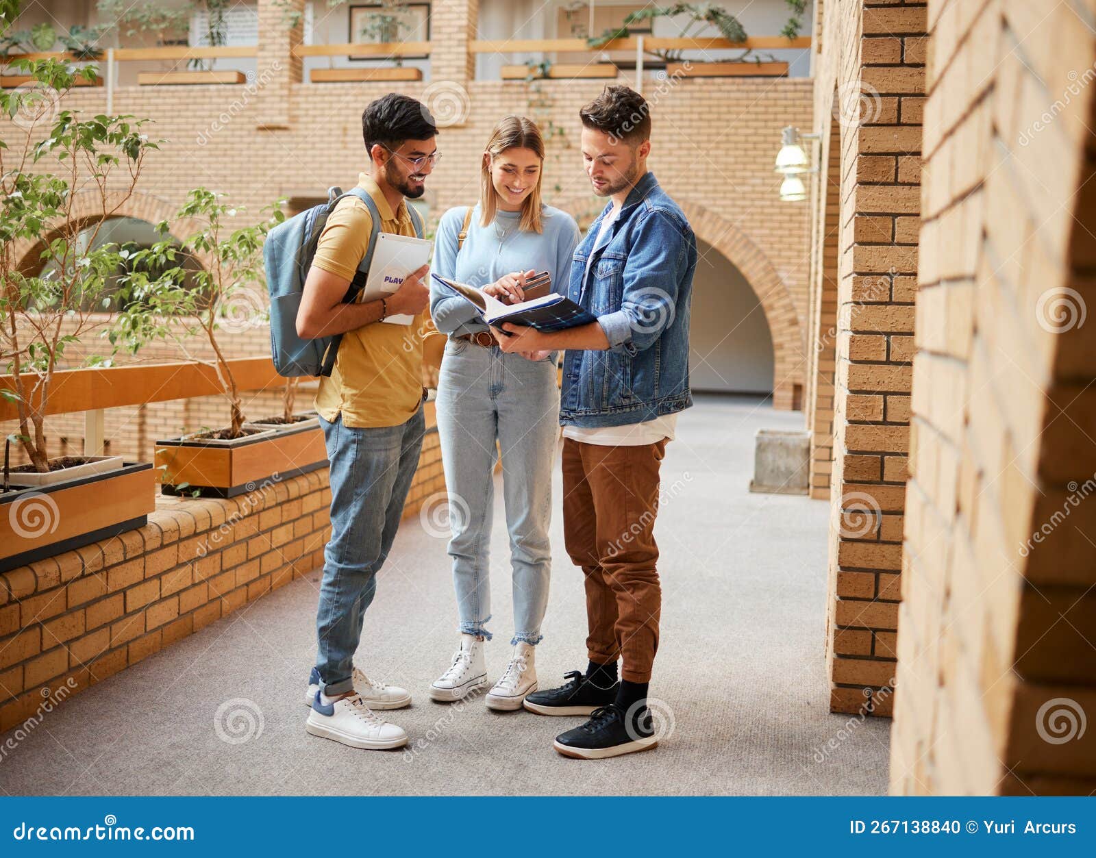 University, Students and Friends with Textbook for Project Study ...