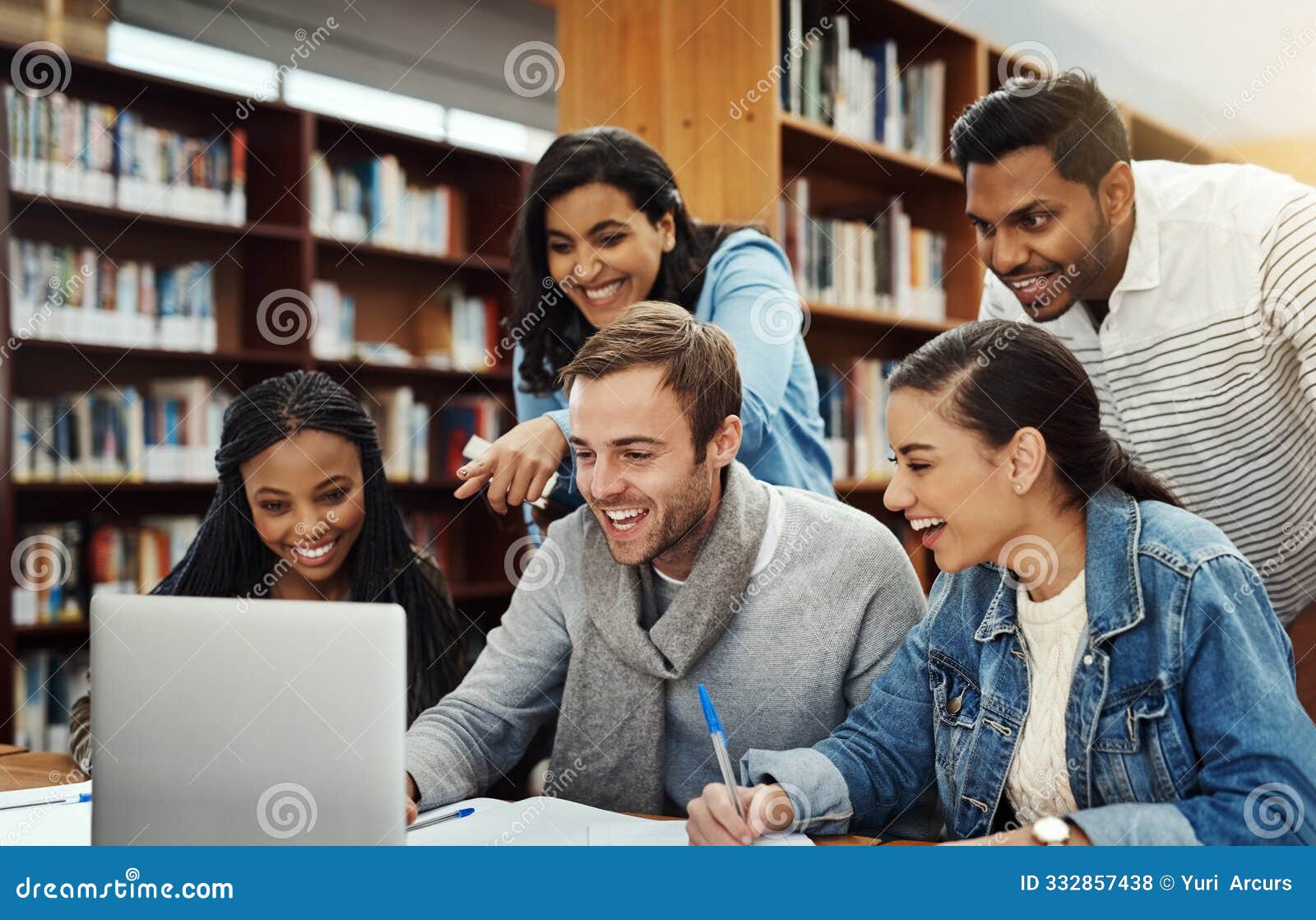 University, Students and Laughing at Laptop in Library for Research ...