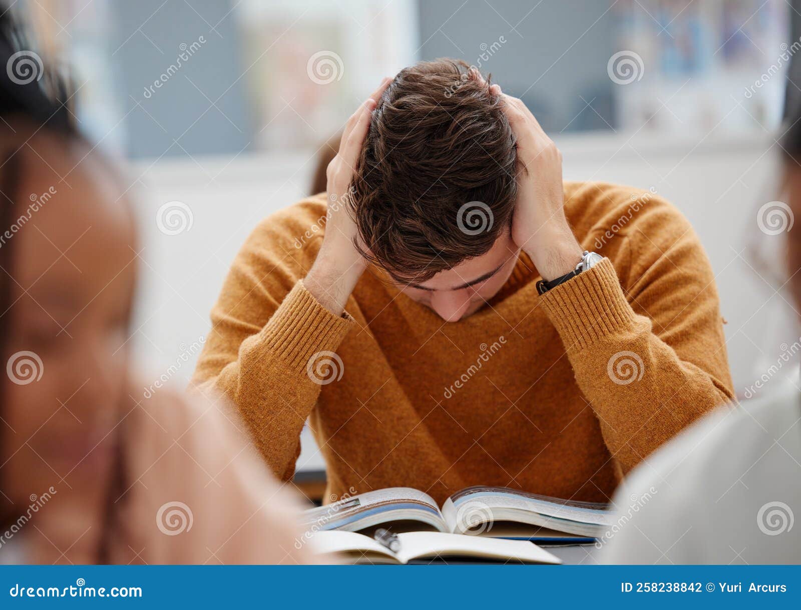University, Study and Tired Student Reading Book in Class while ...