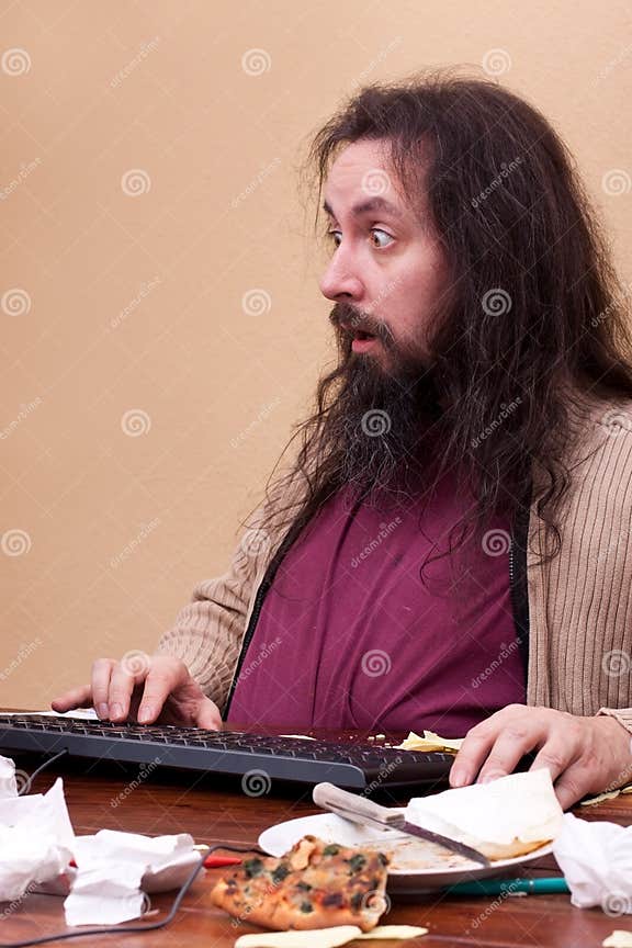 Unkempt Thick Nerd Sitting at a Desk Stock Photo - Image of break, home ...