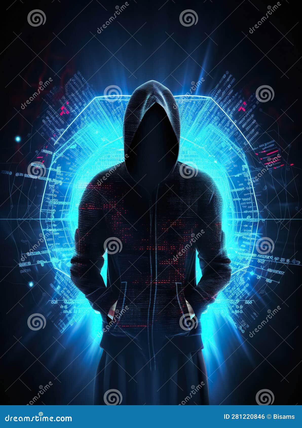 Hacker Hiding His Face Under Hood Trying To Cyber Attack Using Laptop ...