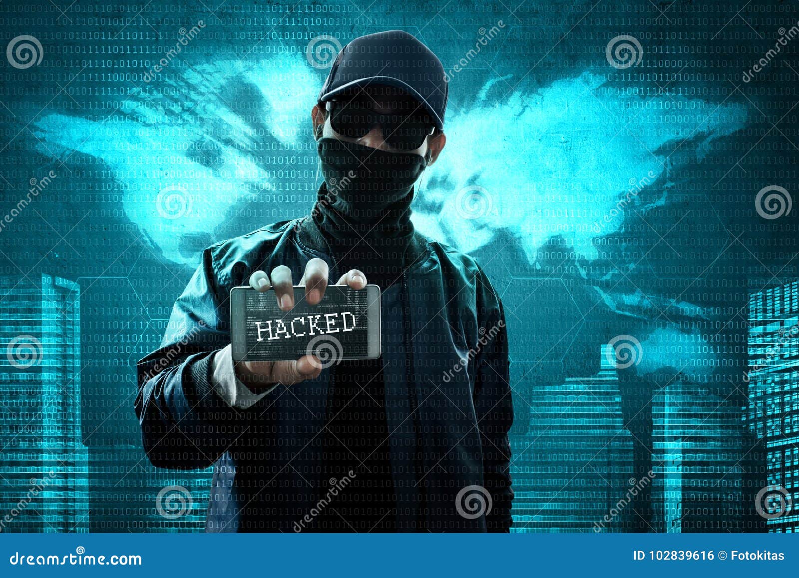 Anonymous Hacker Holding Mobile Phone Stock Photo - Image of binary ...
